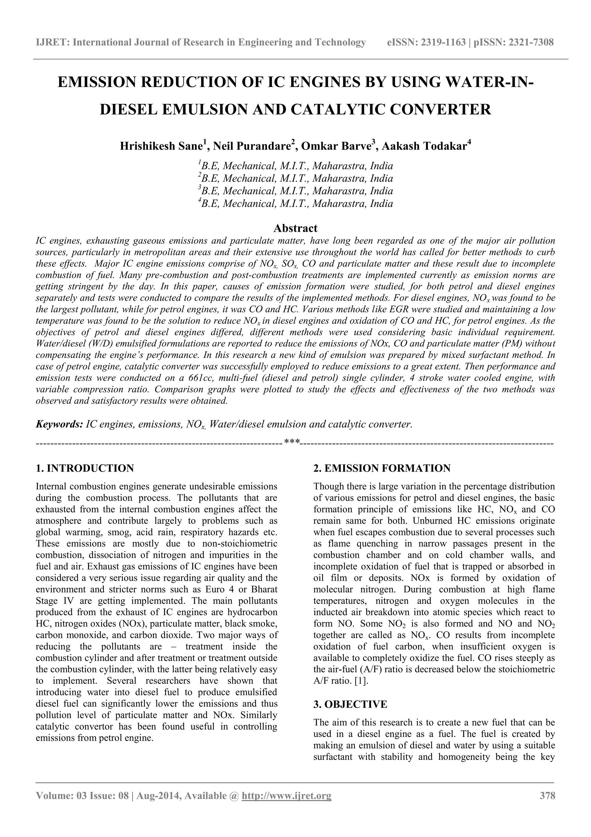 Emission reduction of ic engines by using water in-diesel emulsion and ...