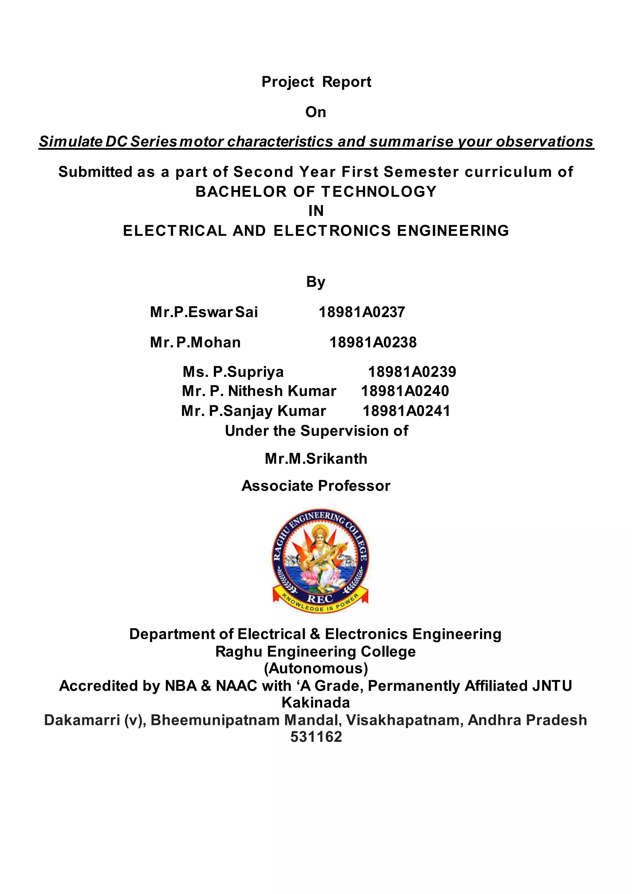 SIMULATION OF DC SERIES MOTOR CHARACTERISTICS | DOCX