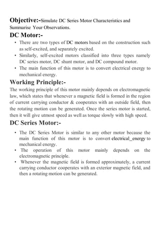 SIMULATION OF DC SERIES MOTOR CHARACTERISTICS | DOCX