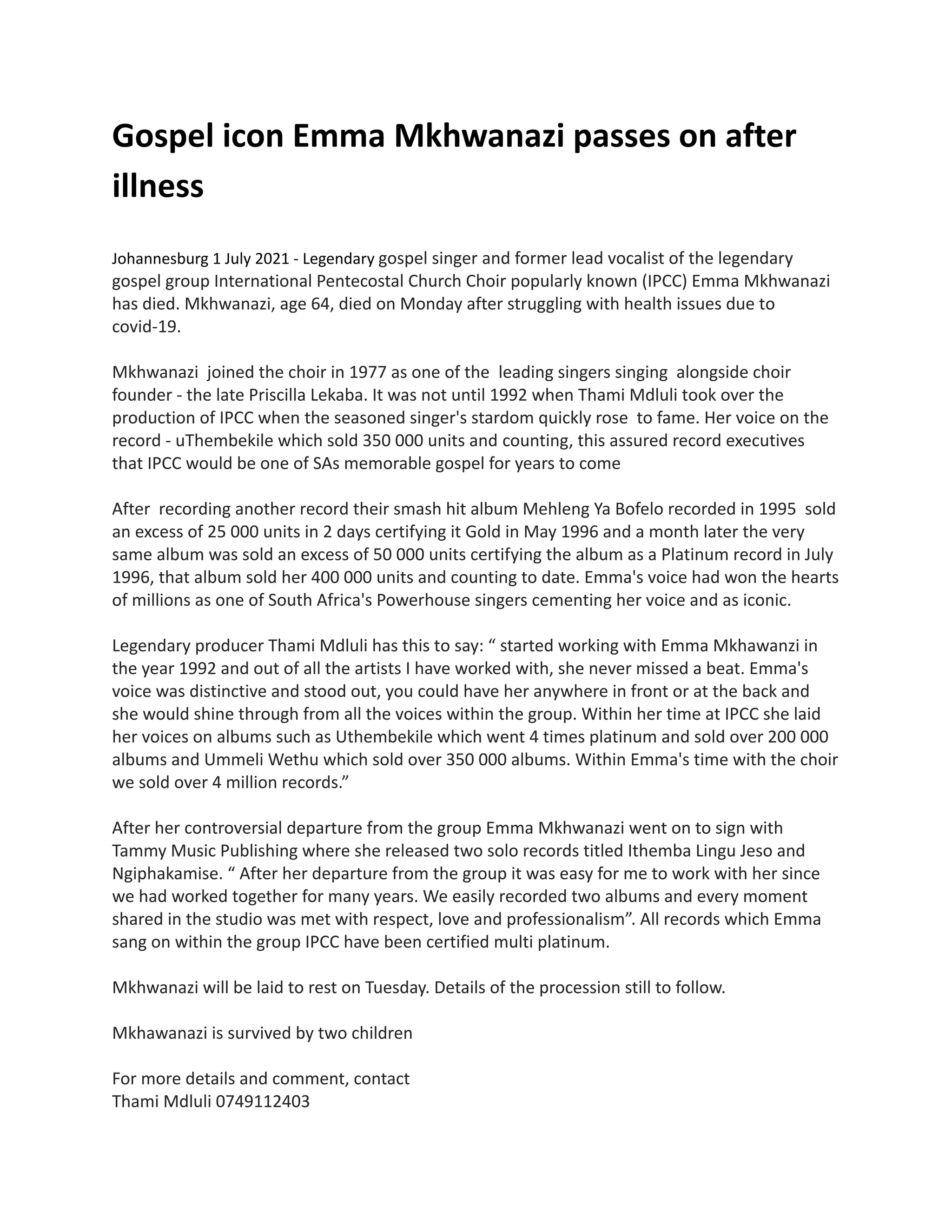 Emma mkhwanazi press release | PDF