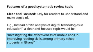 Developing Topic and Research Question for Systematic Reviews ...