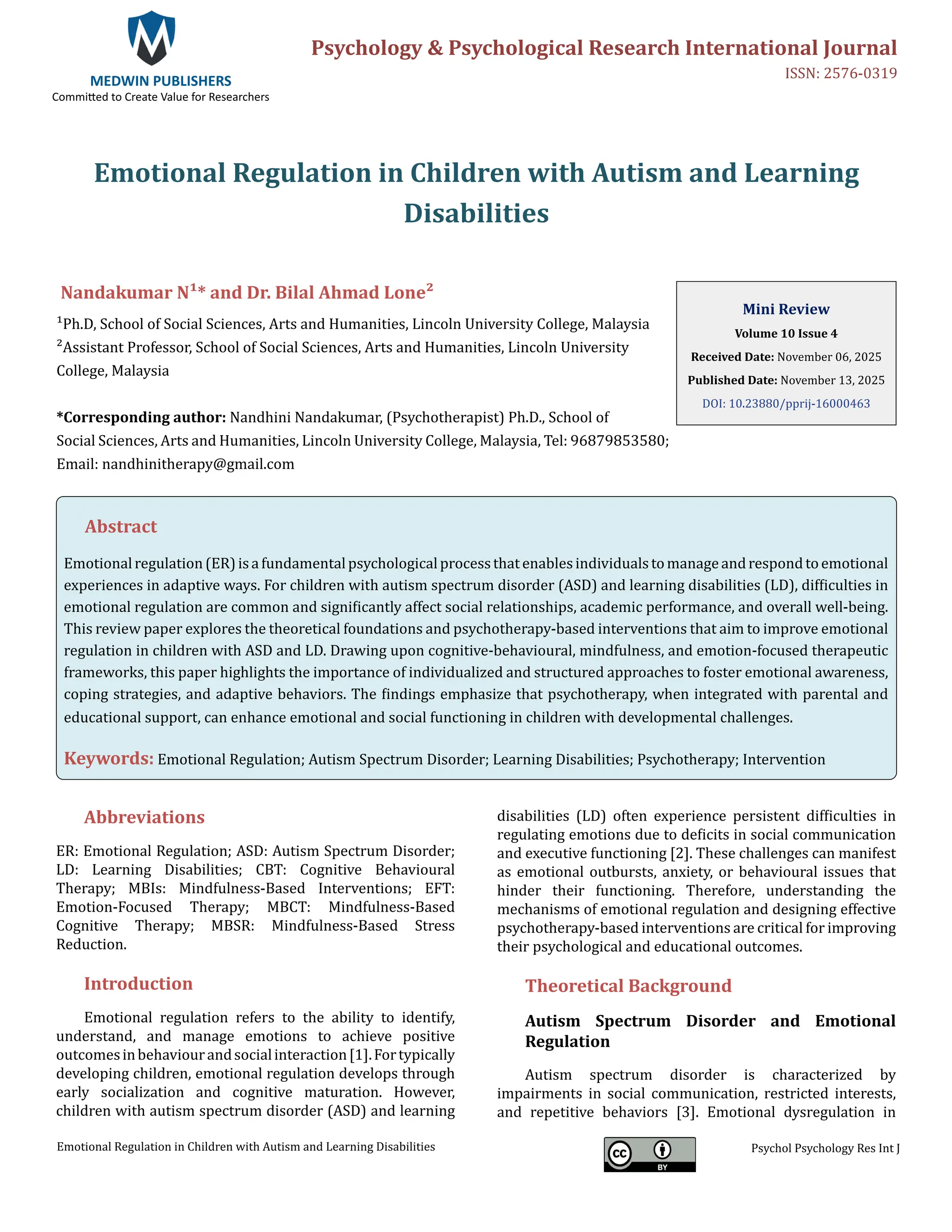 Emotional Regulation in Children with Autism and Learning Disabilities ...