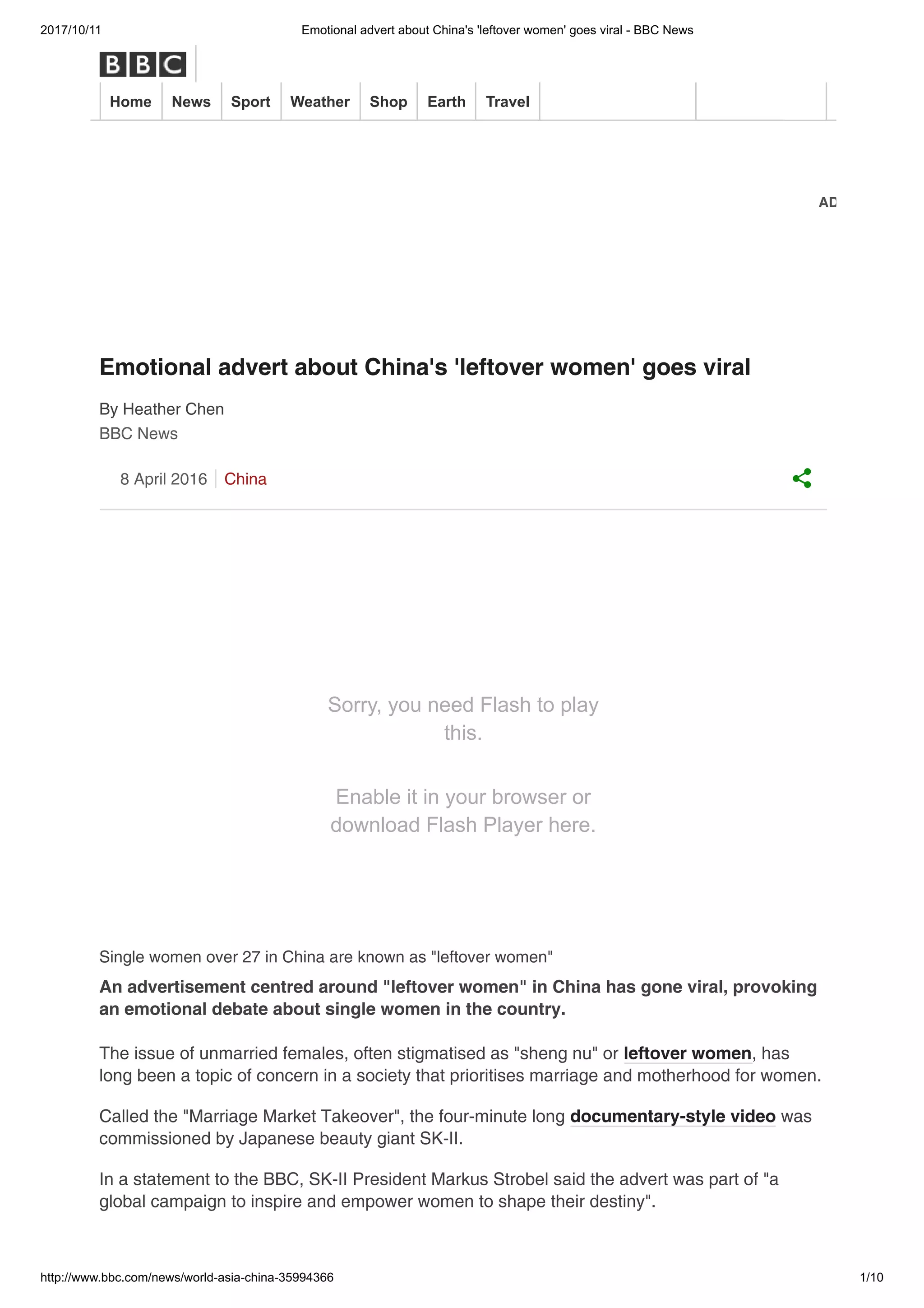 Emotional advert about china's 'leftover women' goes viral bbc news | PDF