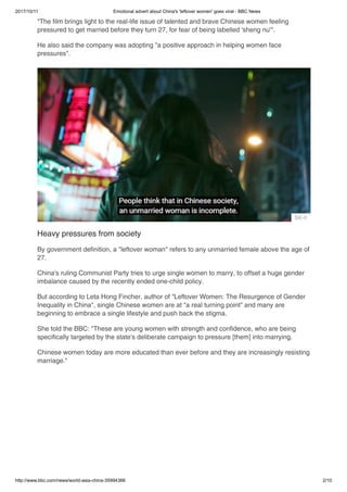 Emotional advert about china's 'leftover women' goes viral bbc news | PDF