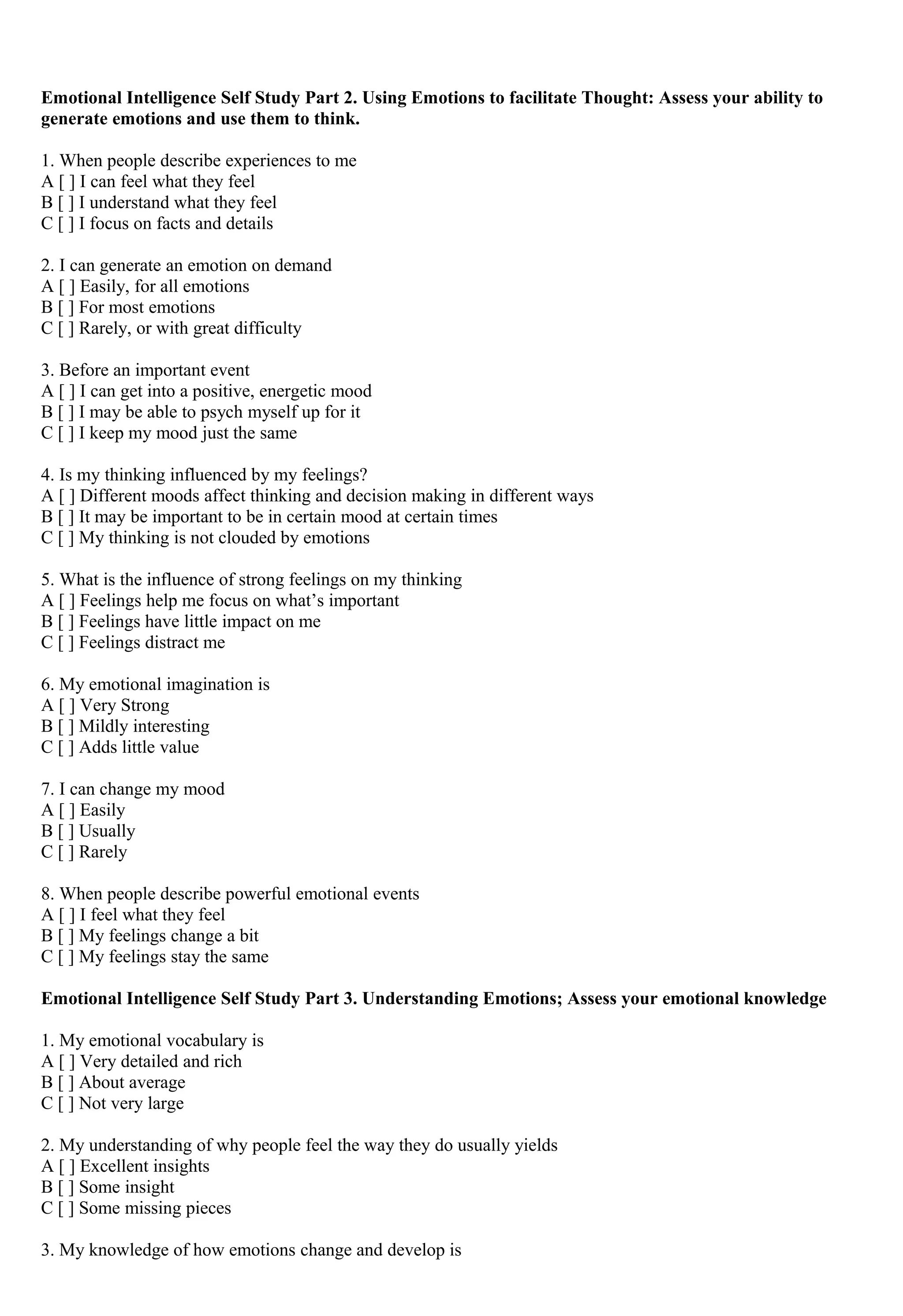 Emotional Intelligence (EI) Self Assessment / Test | DOC