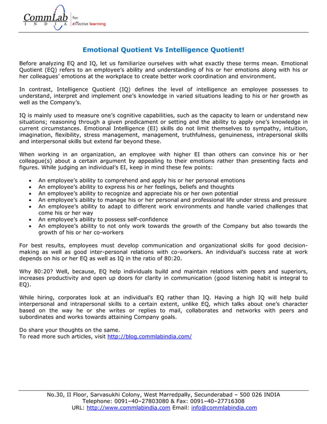 Which is more important Emotional Quotient (EQ) or Intelligence Quotient (IQ)? | PDF