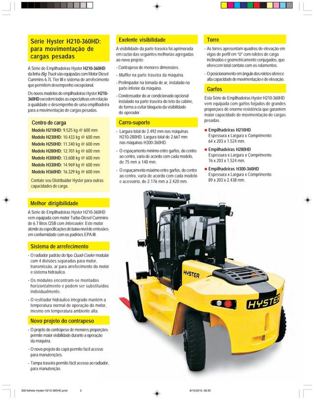 Folheto de especificação - Empilhadeira HYSTER H210-360HD | PDF