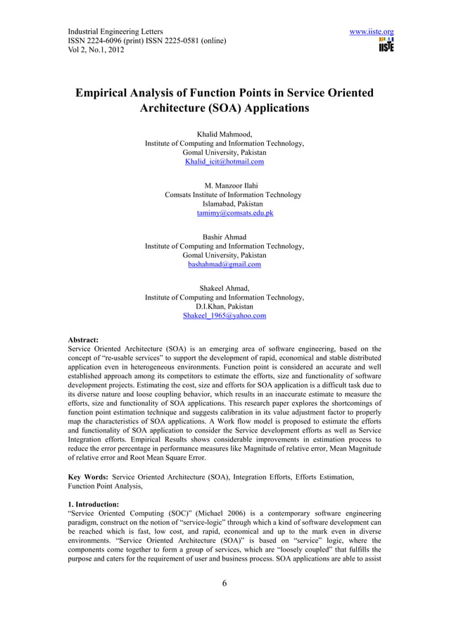 Empirical analysis of function points in service oriented architecture (soa) applications | PDF