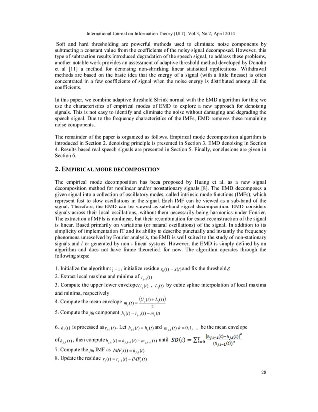 Empirical mode decomposition and normal shrink tresholding for speech denoising | PDF