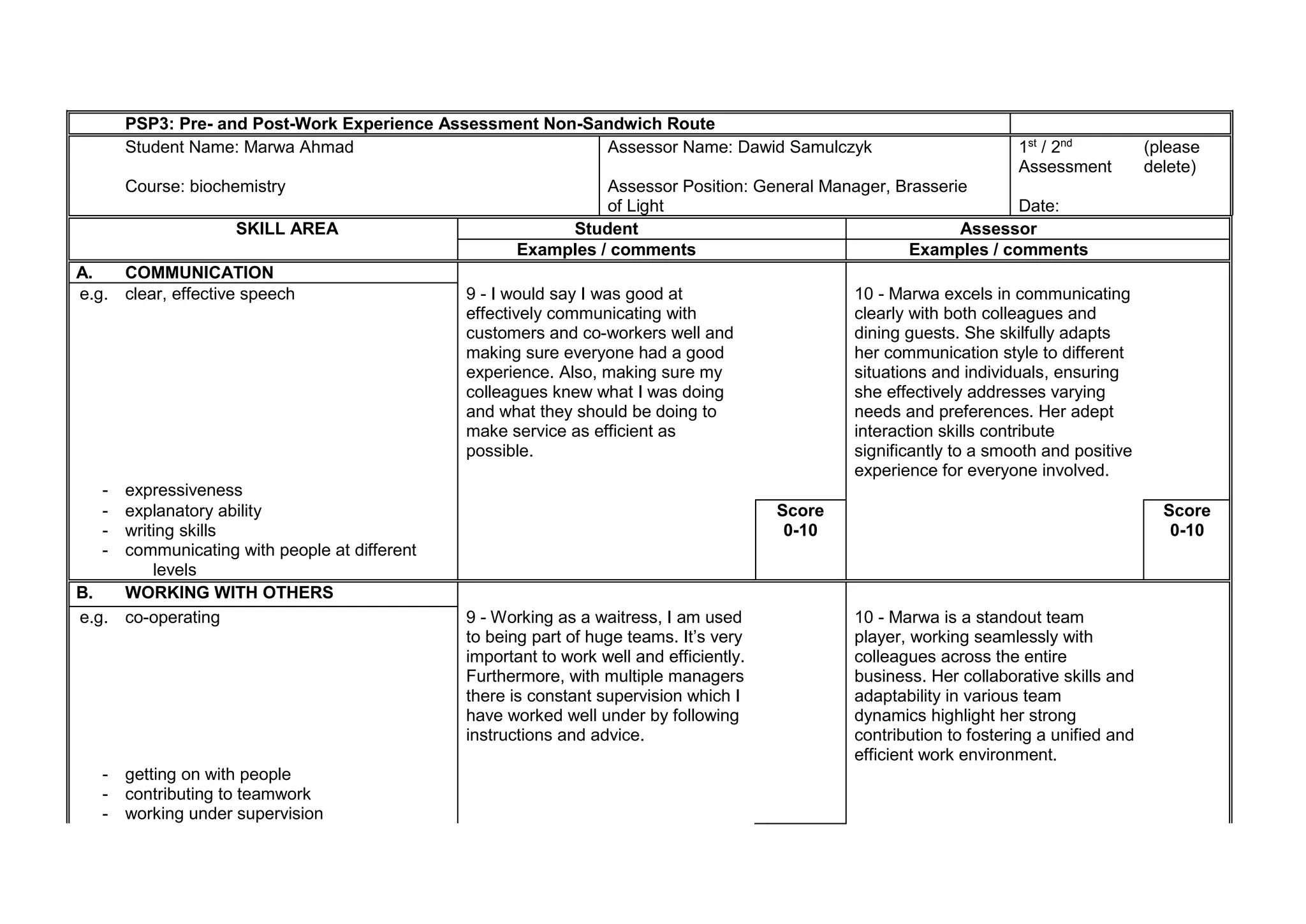 employability assessment form brasserie of light | PPT