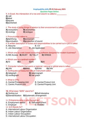ITI Employability Skills Question Paper 2021 | PDF