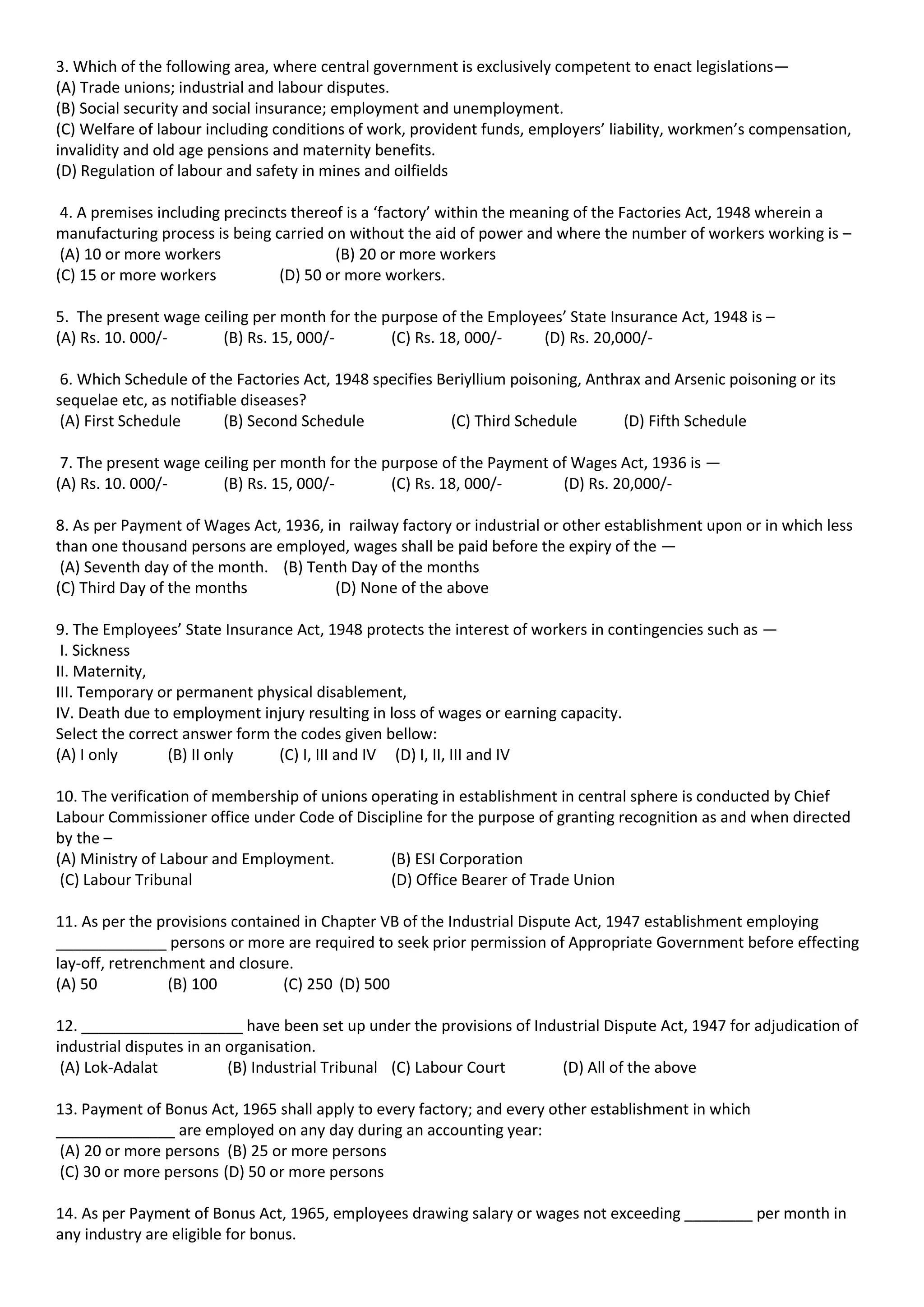 Employability Skills Labour welfare legislation MCQ | PDF