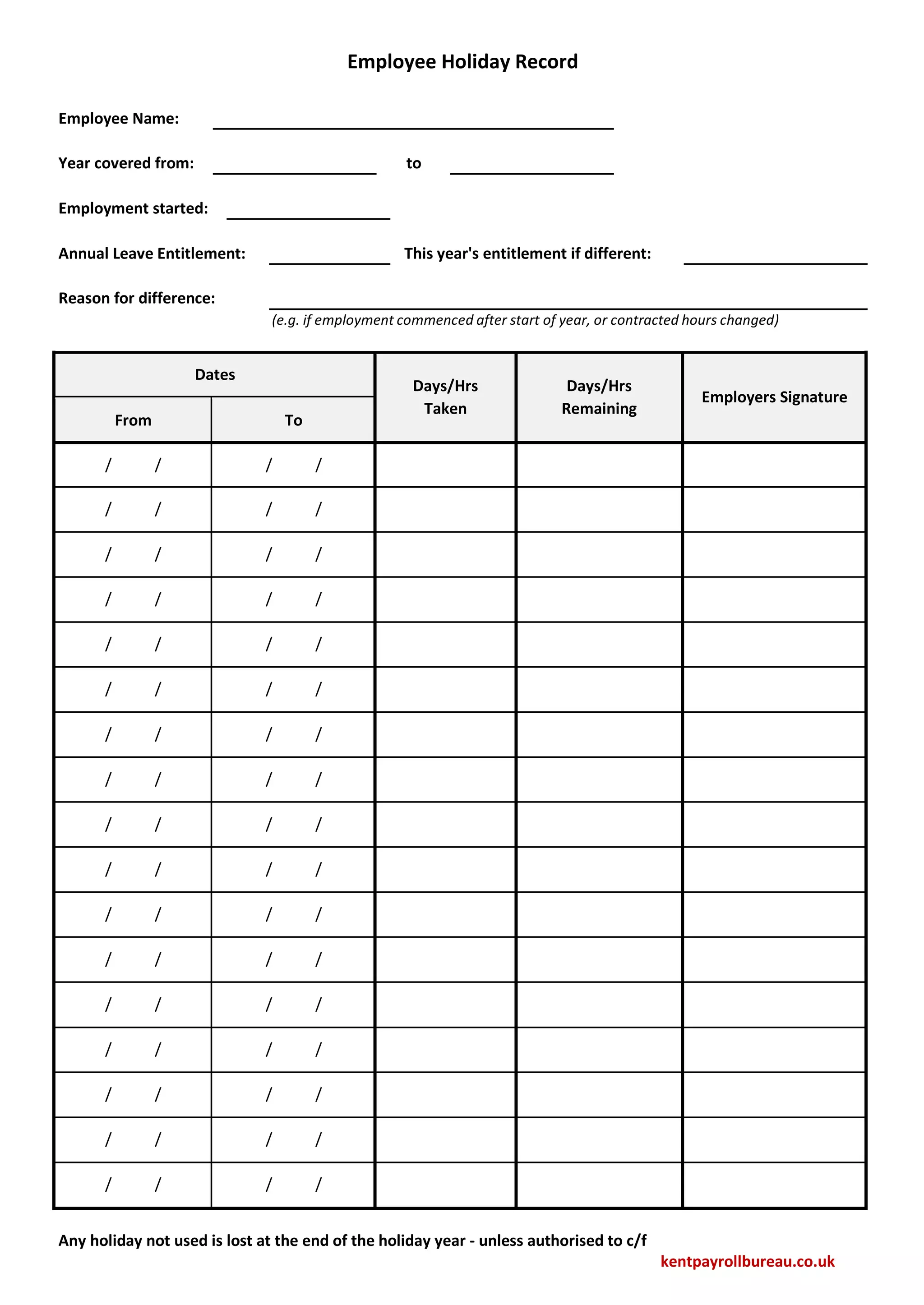 Employee-Holiday-Record by Kent Payroll Bureau | PDF