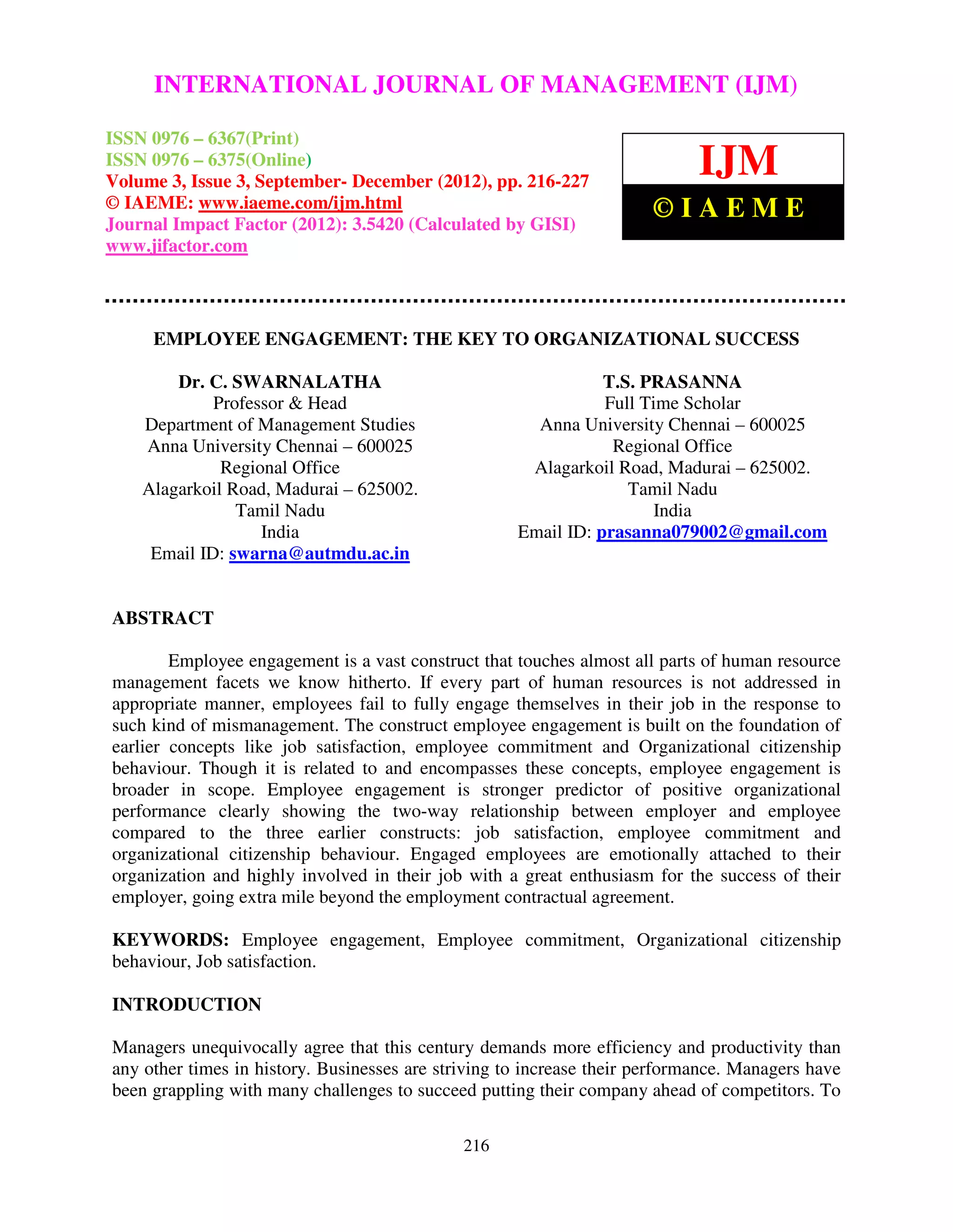 Employee engagement the key to organizational | PDF