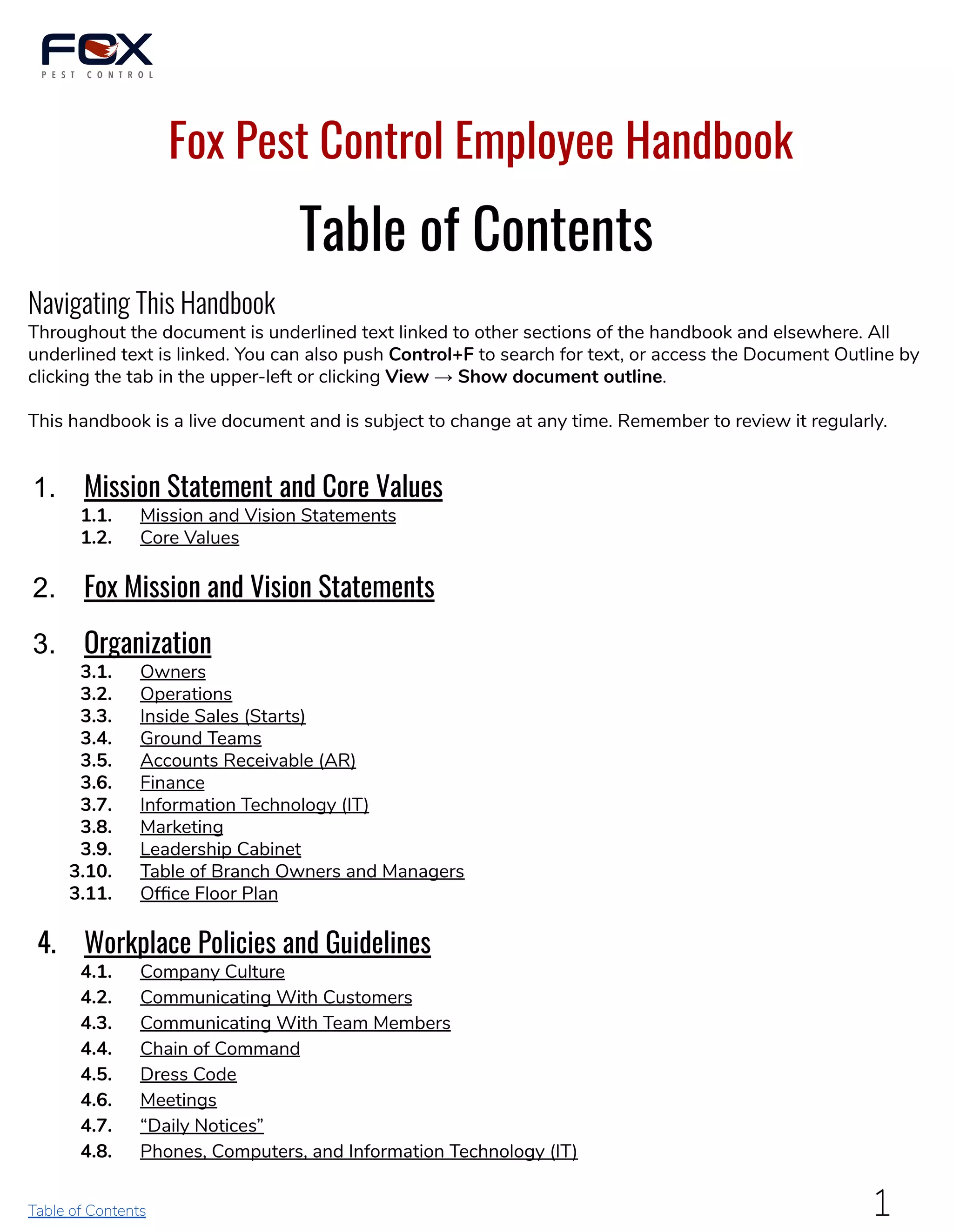 Fox Pest Control Employee Handbook - Sample View | PDF