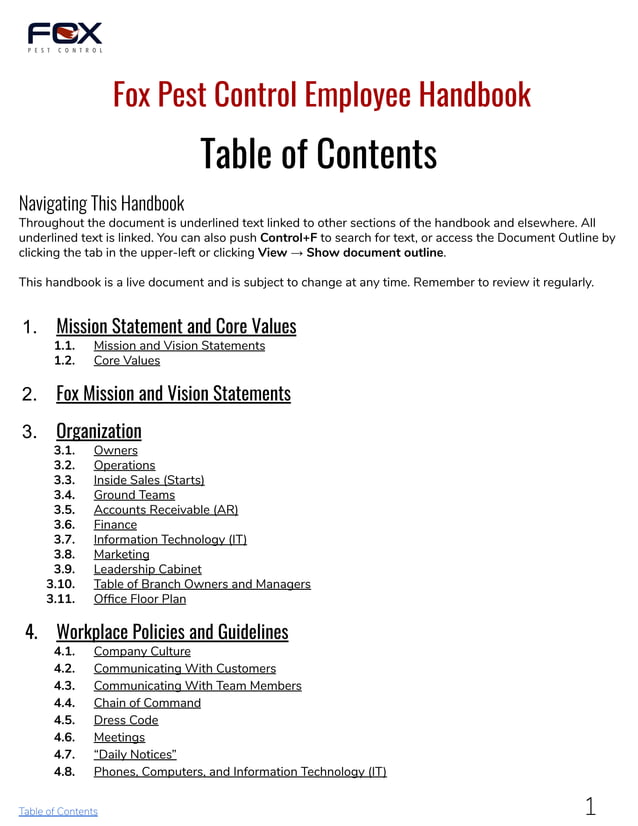 Fox Pest Control Employee Handbook - Sample View | PDF | Business ...