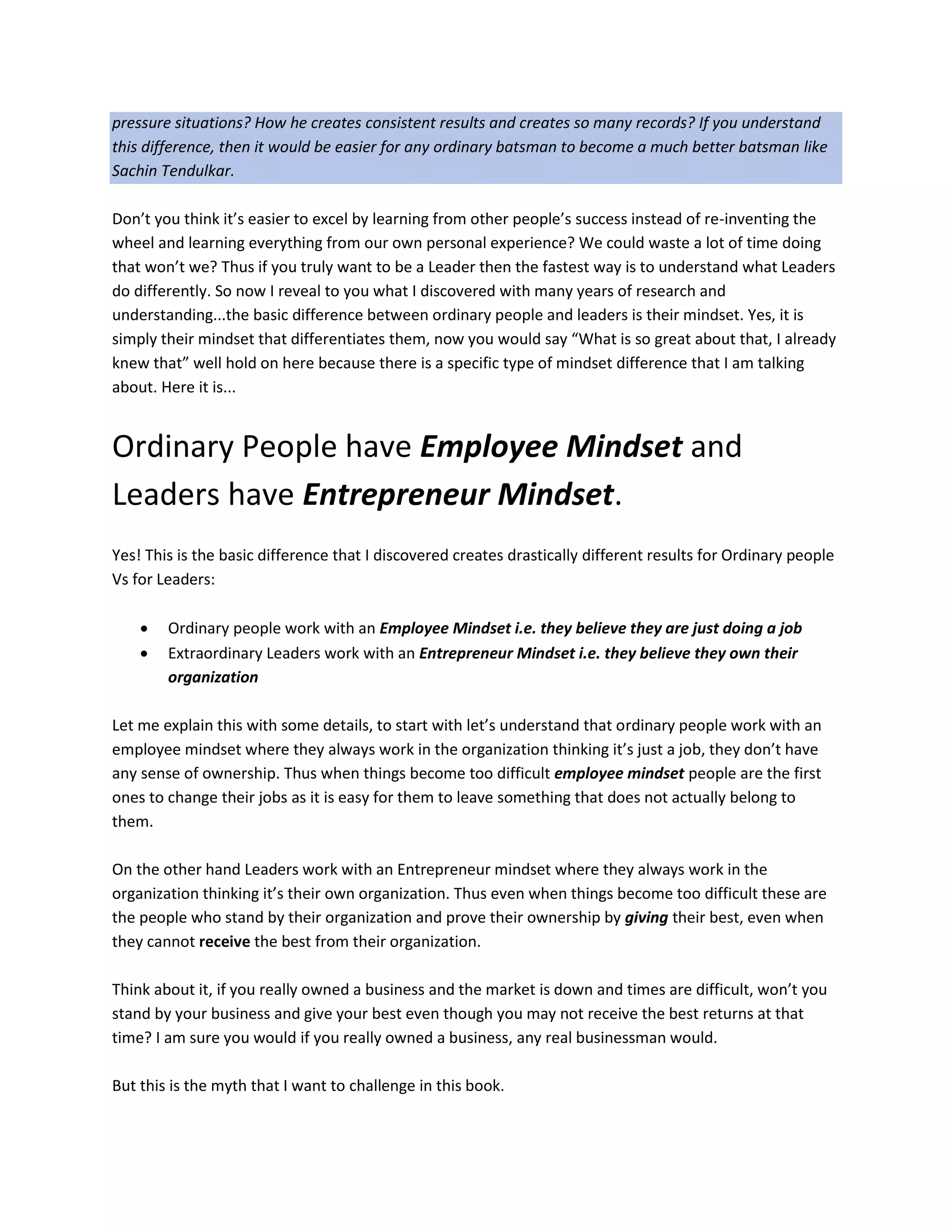 Employee mindset vs entrepreneur mindset (1) | PDF