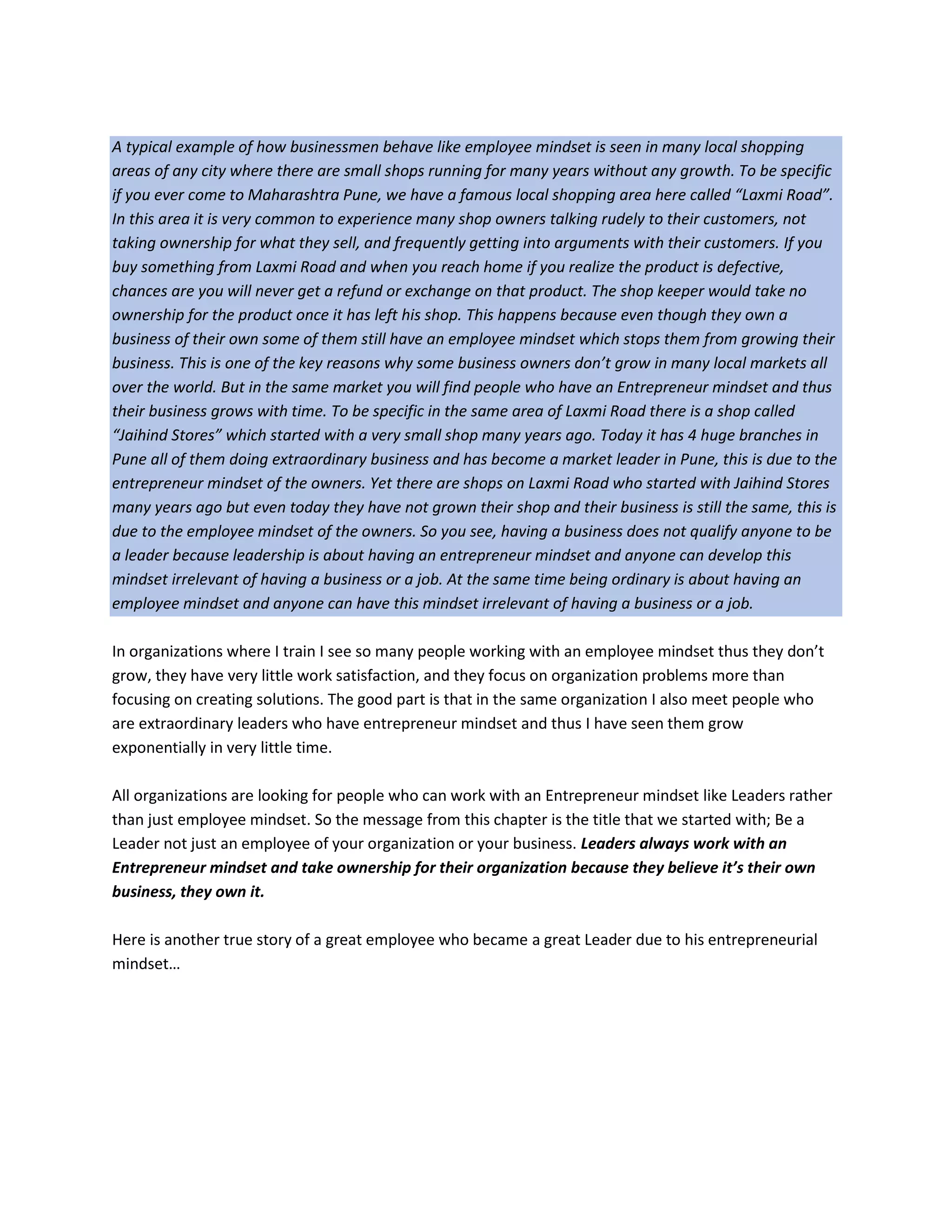 Employee mindset vs entrepreneur mindset (1) | PDF