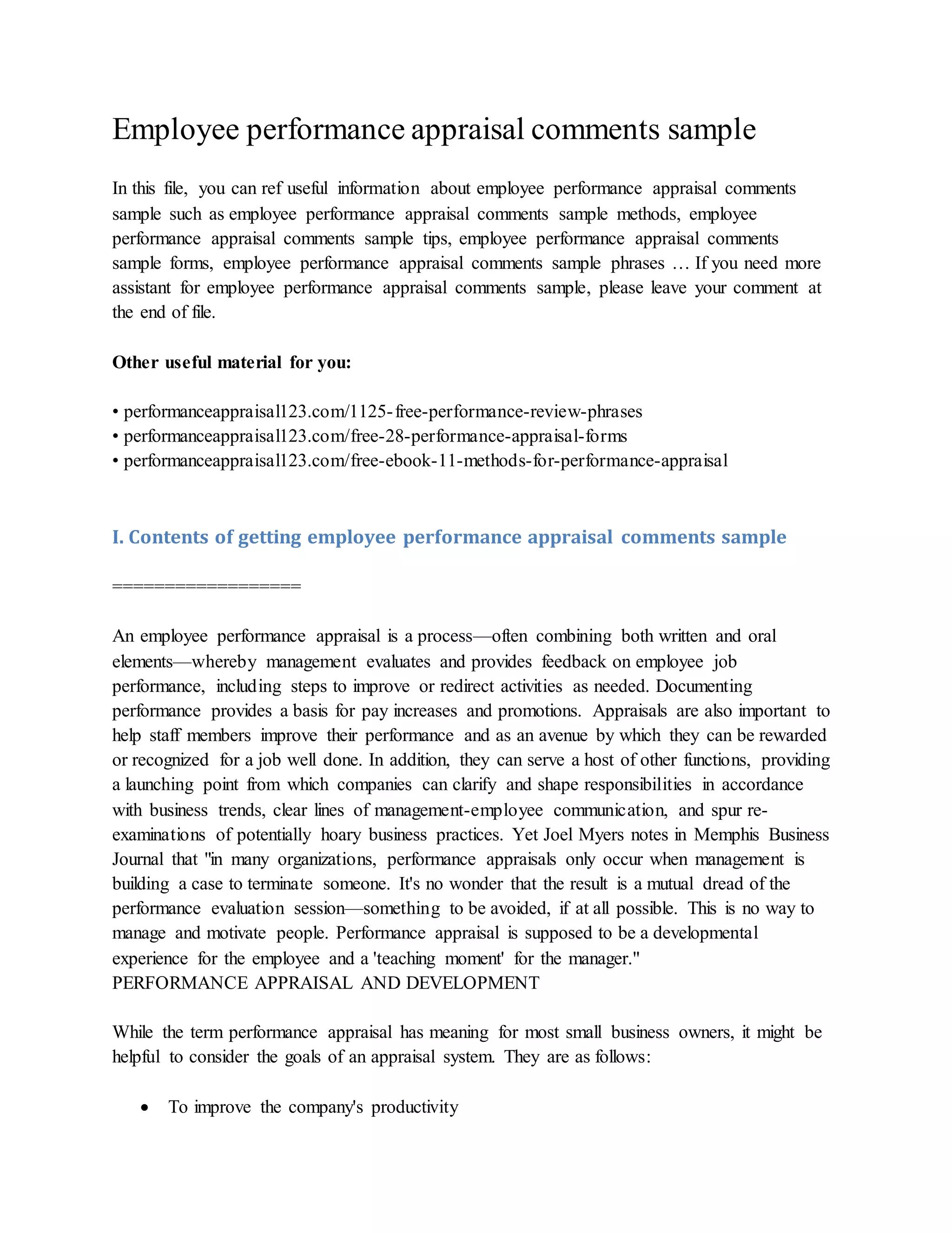 Employee performance appraisal comments sample | DOCX