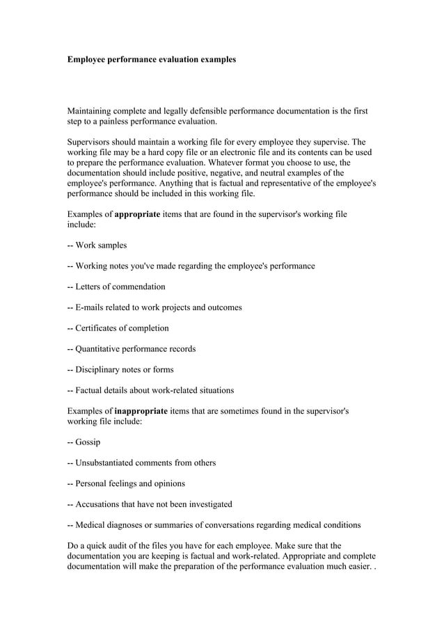 Employee performance evaluation examples | PDF