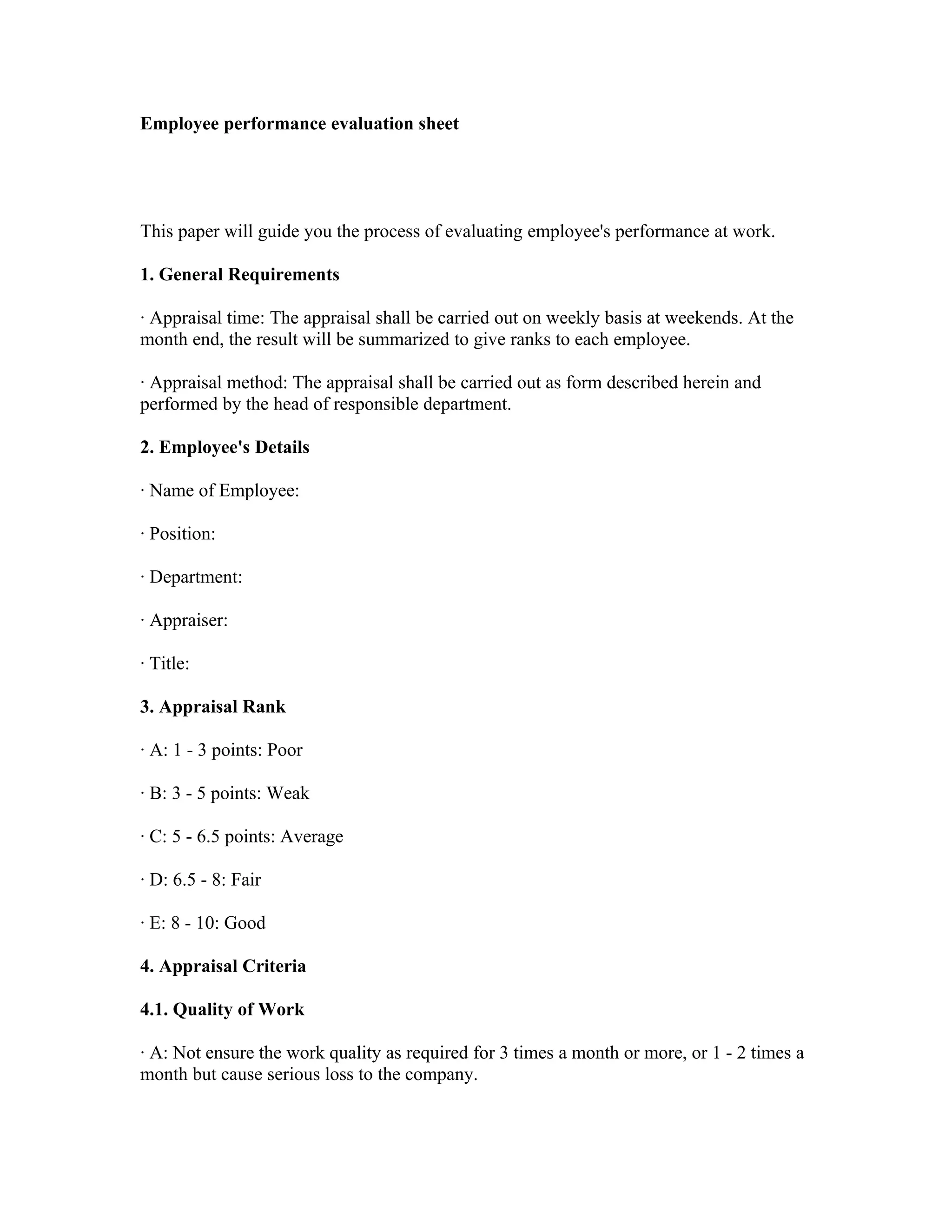 Employee performance evaluation sheet | DOC