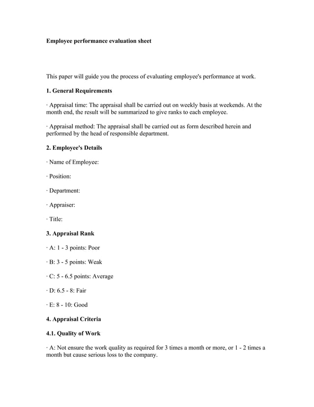 Employee performance evaluation sheet | DOC