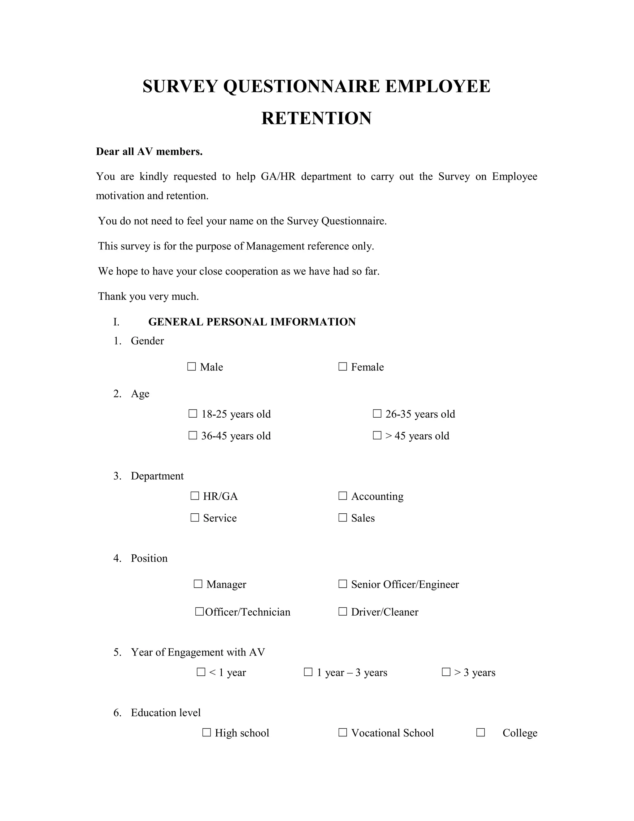 Questionaire of Employee retention | PDF | Resume Writing and Advice ...