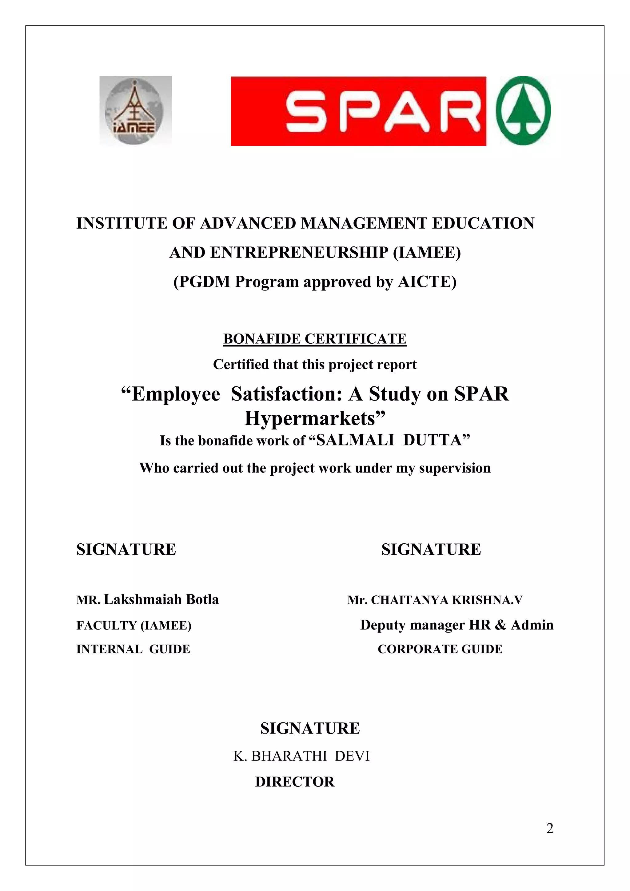 Employee satisfaction a study on spar hypermarkets | PDF