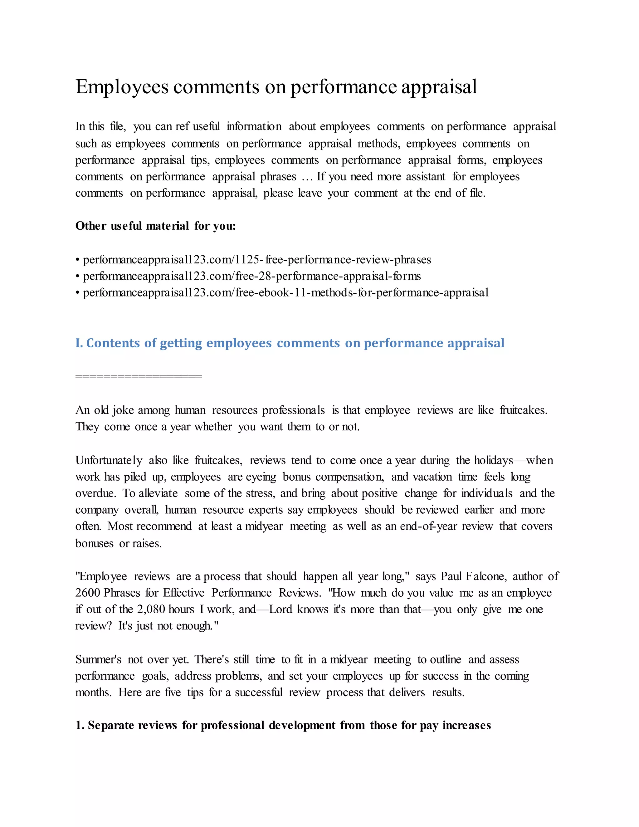 Employees comments on performance appraisal | DOCX