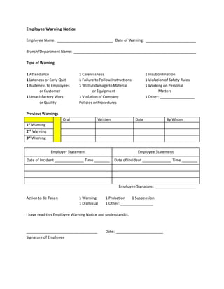 Employee Warning Form Pdf