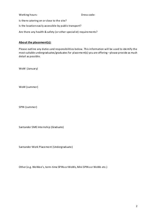 Employer work placement specification form 20152016