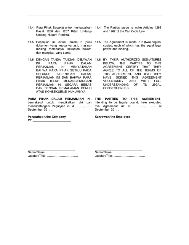 Contoh Perjanjian Kerja / Employment Agreement Bilingual (Beli ...