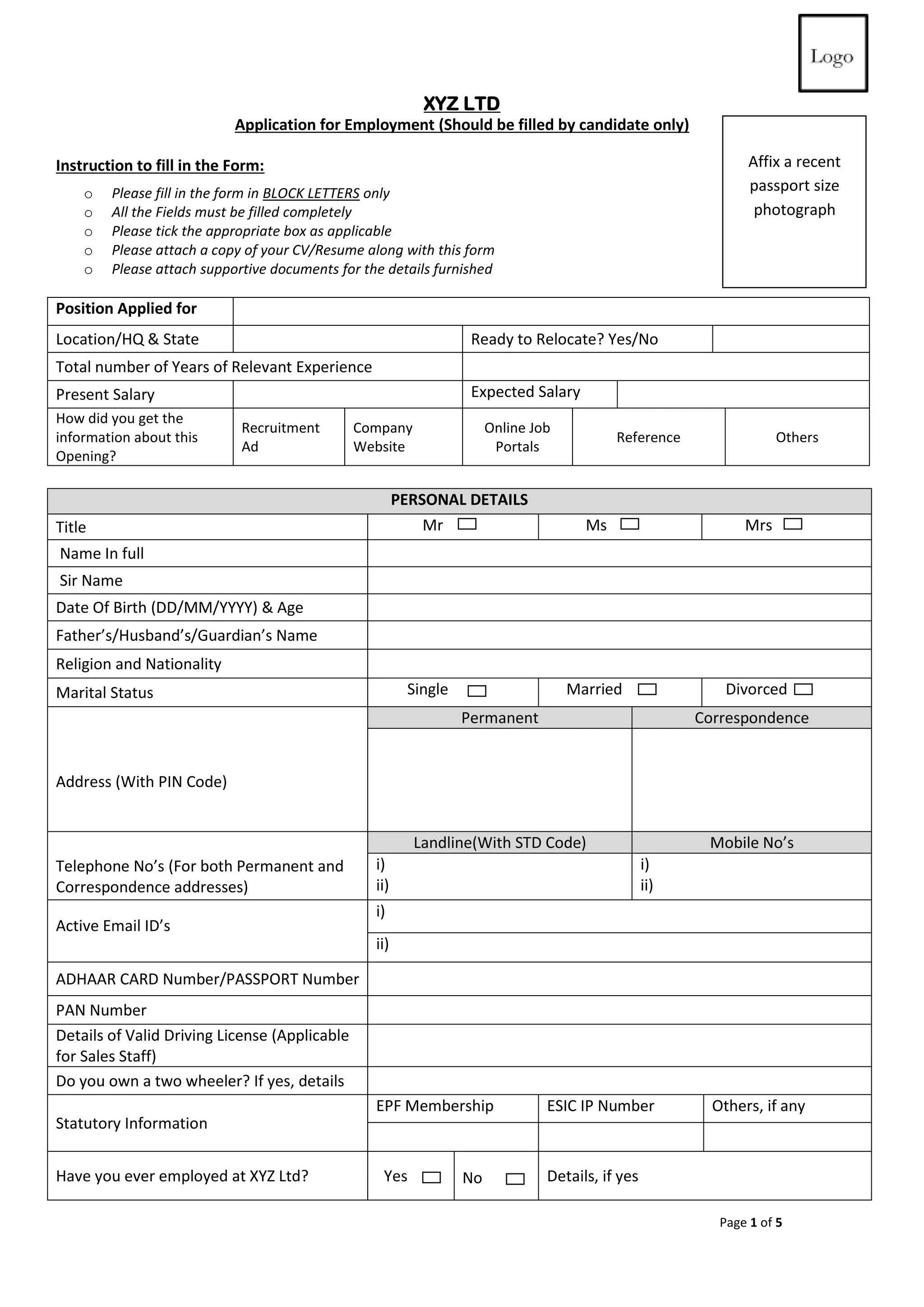 Employment Application Form | PDF