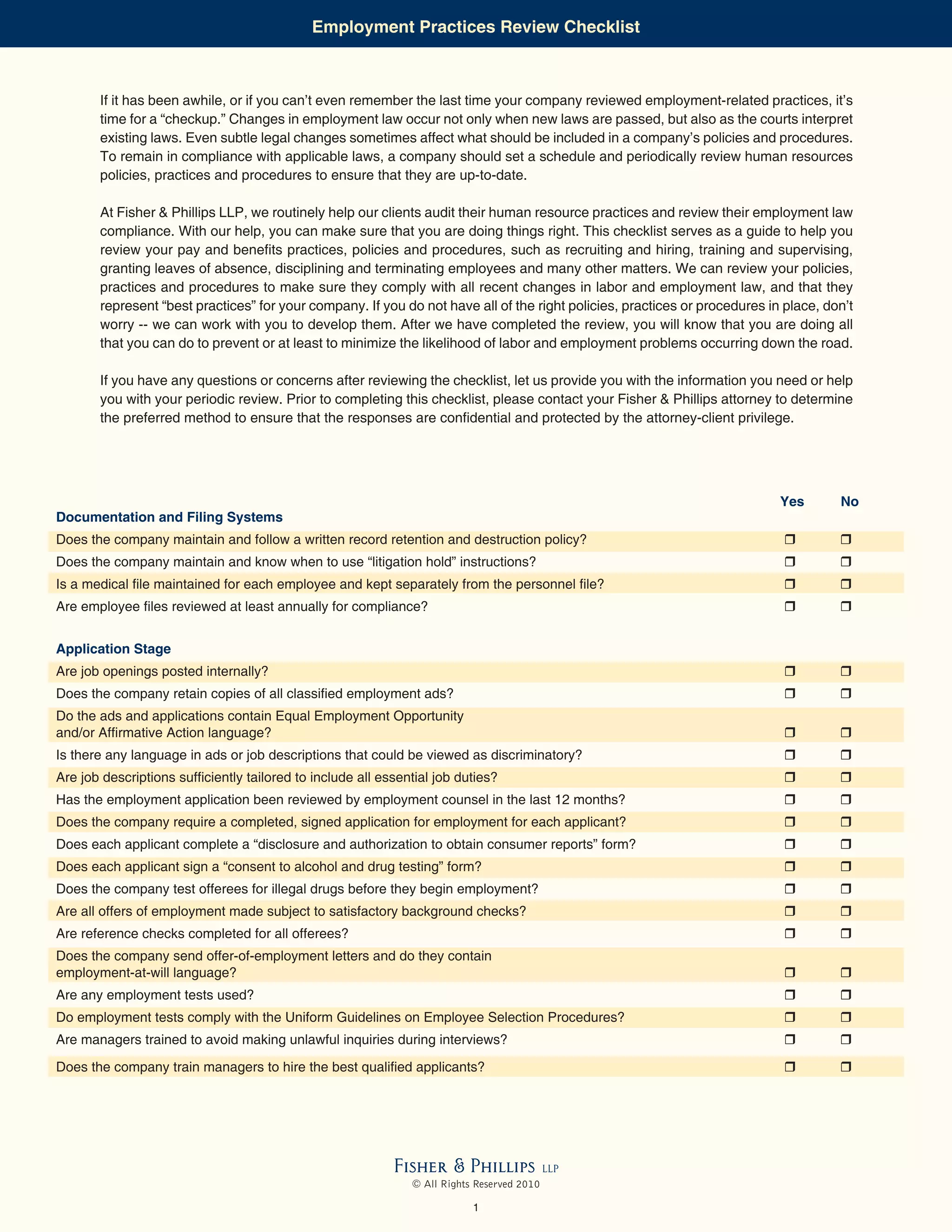 Employment Practices Check Up Checklist | PDF