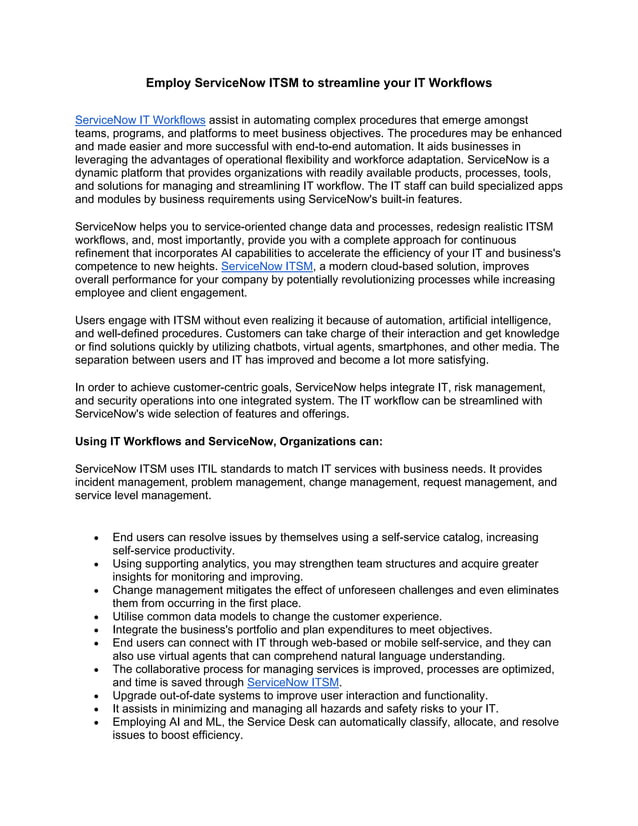 Employ ServiceNow ITSM to streamline your IT Workflows.pdf Employ ServiceNow ITSM to streamline your IT Workflows.pdf