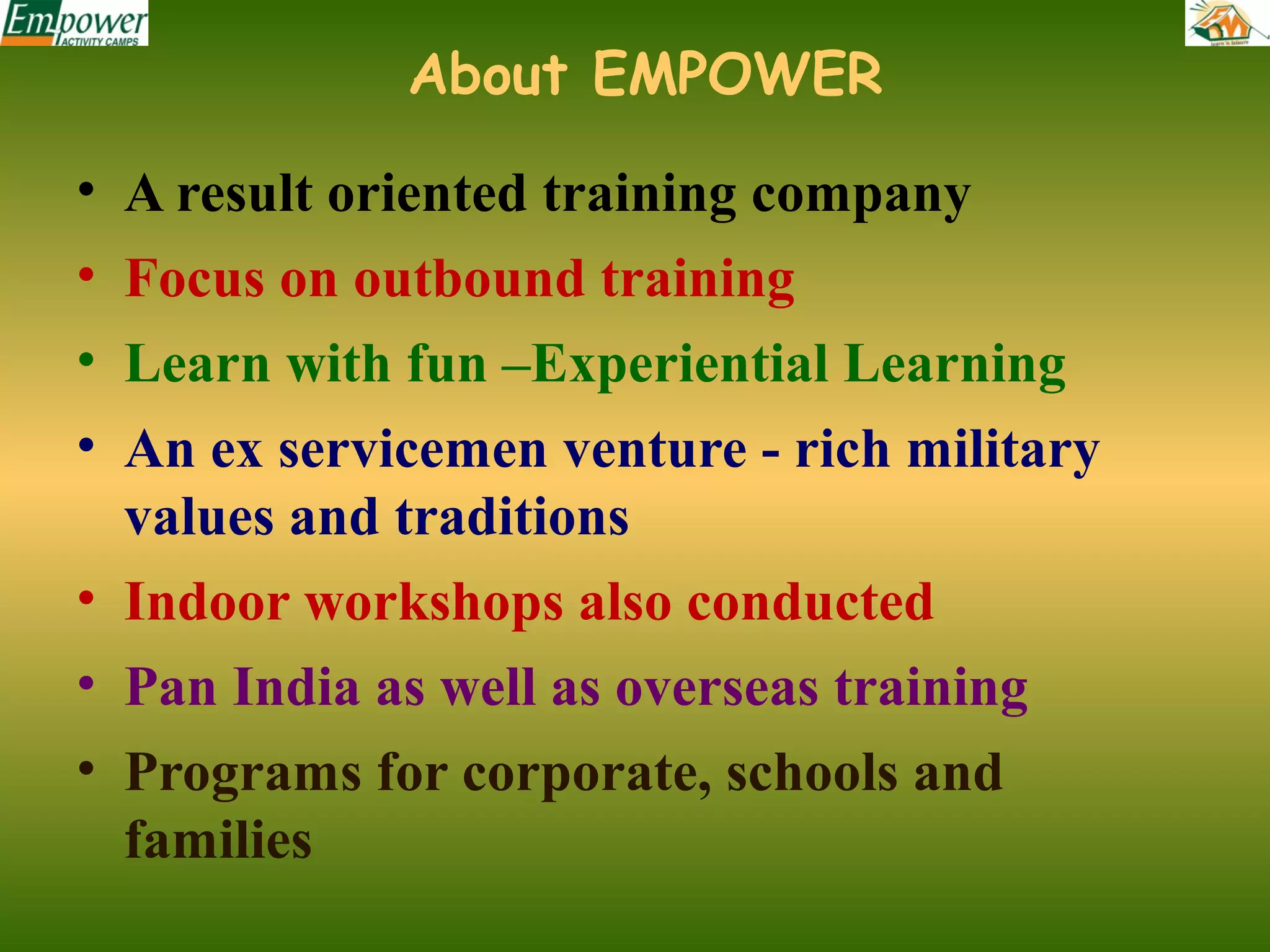 Empower Camps - Outbound Training at Raipur | PPT
