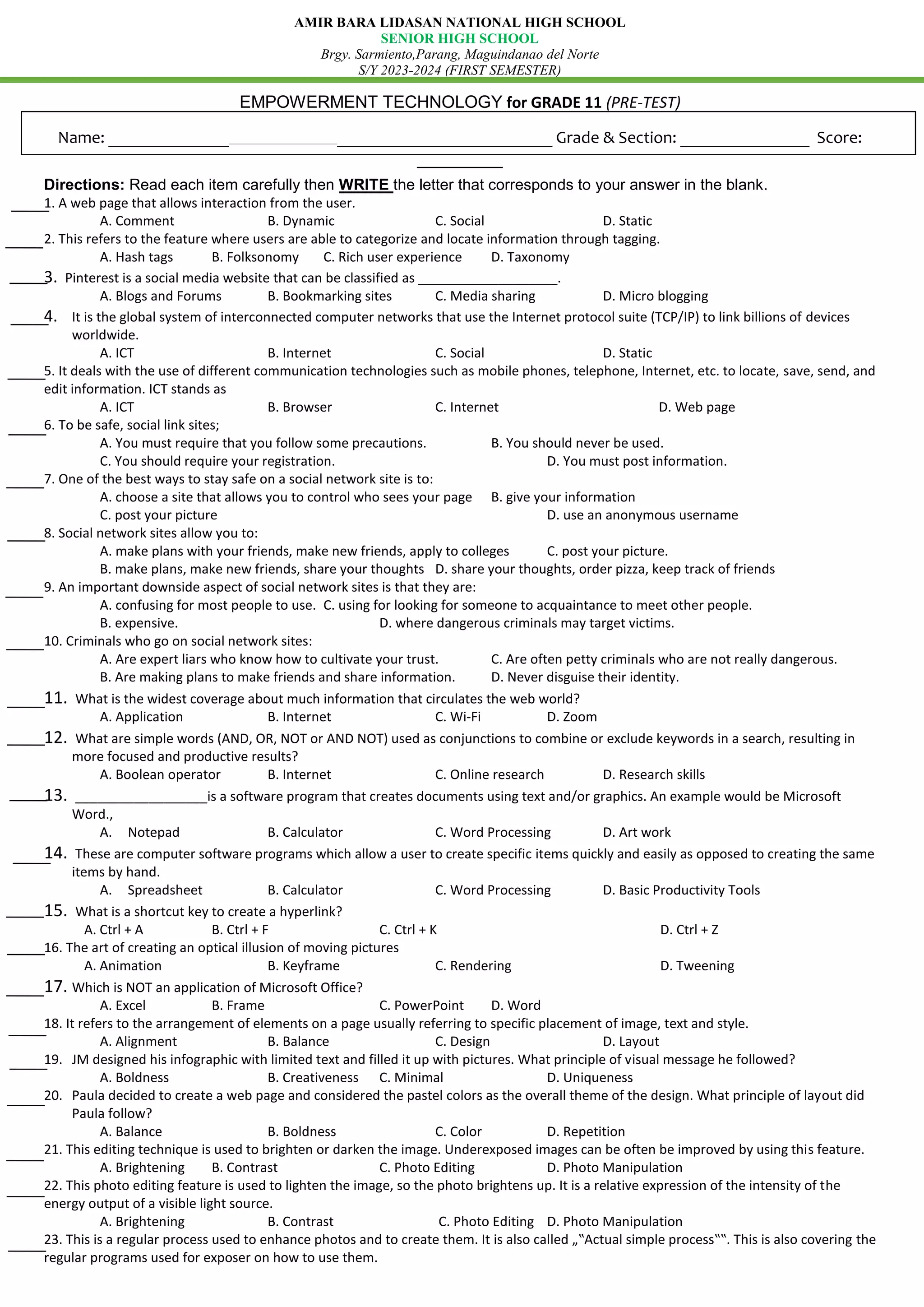 EMPOWERMENT TECHNOLOGY PRETEST.doc