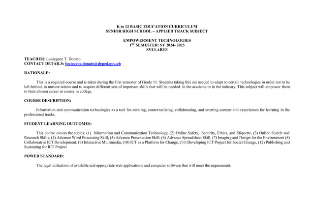 empowerment technologies syllabus grade 11 | PDF