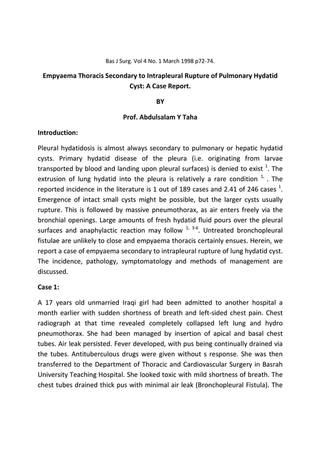 Empyaema thoracis secondary to intrapleural rupture of pulmonary ...