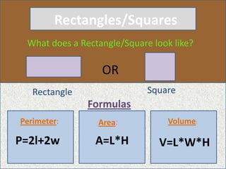 Perimeter, Area, & Volume of a square/rectange/ cube | PPTX