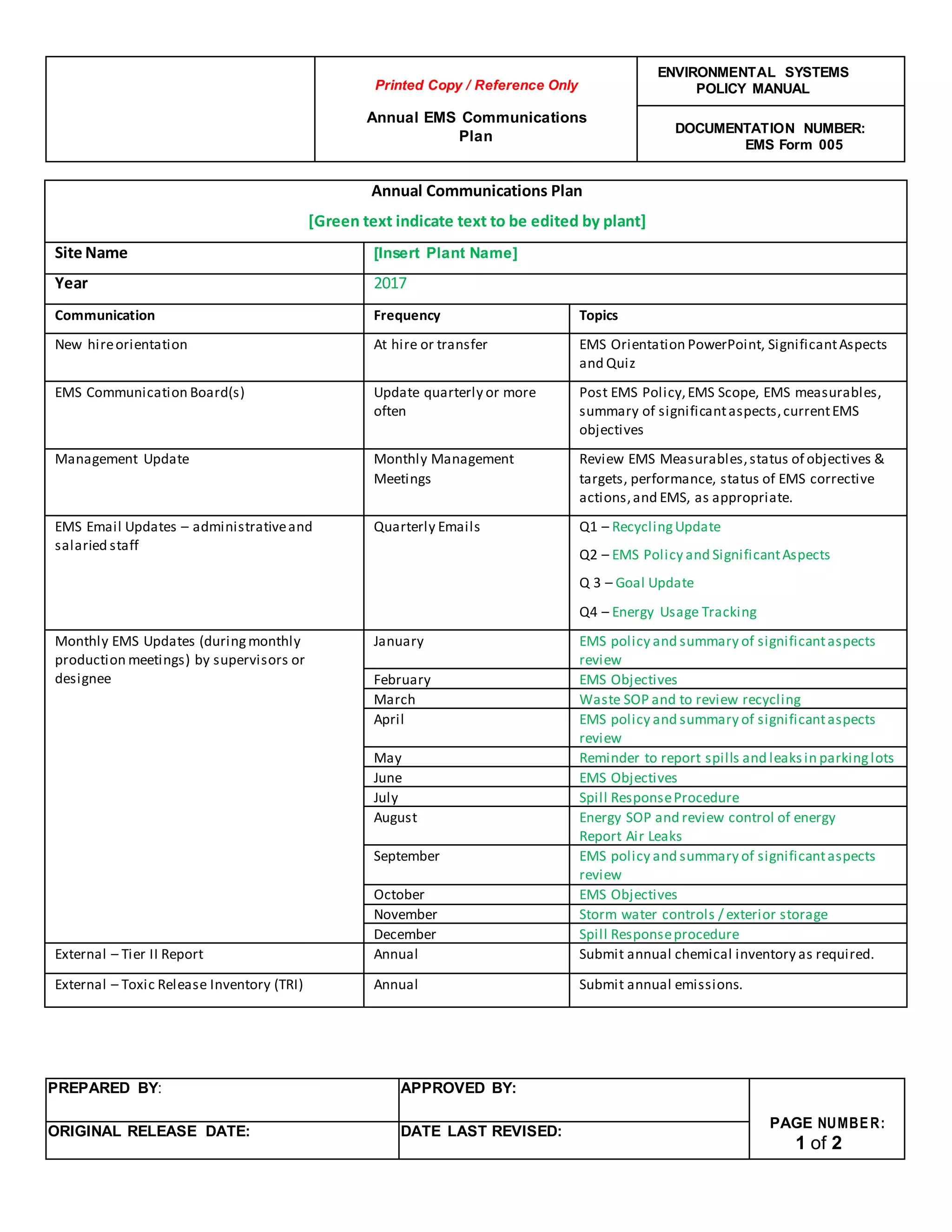 ISO 14001:2015 Annual Communications Plan | DOCX