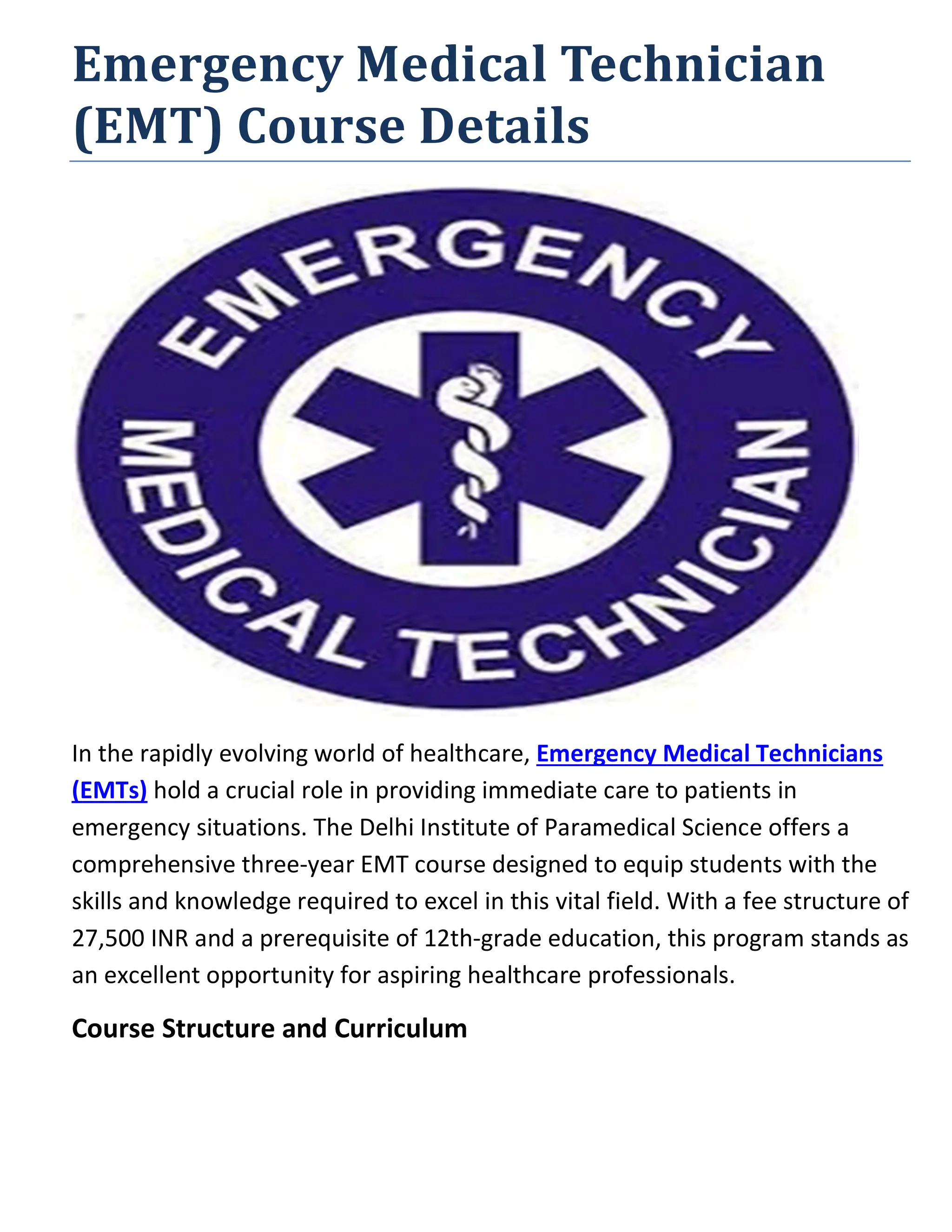 Emergency Medical Technician (EMT) Course Details | PDF