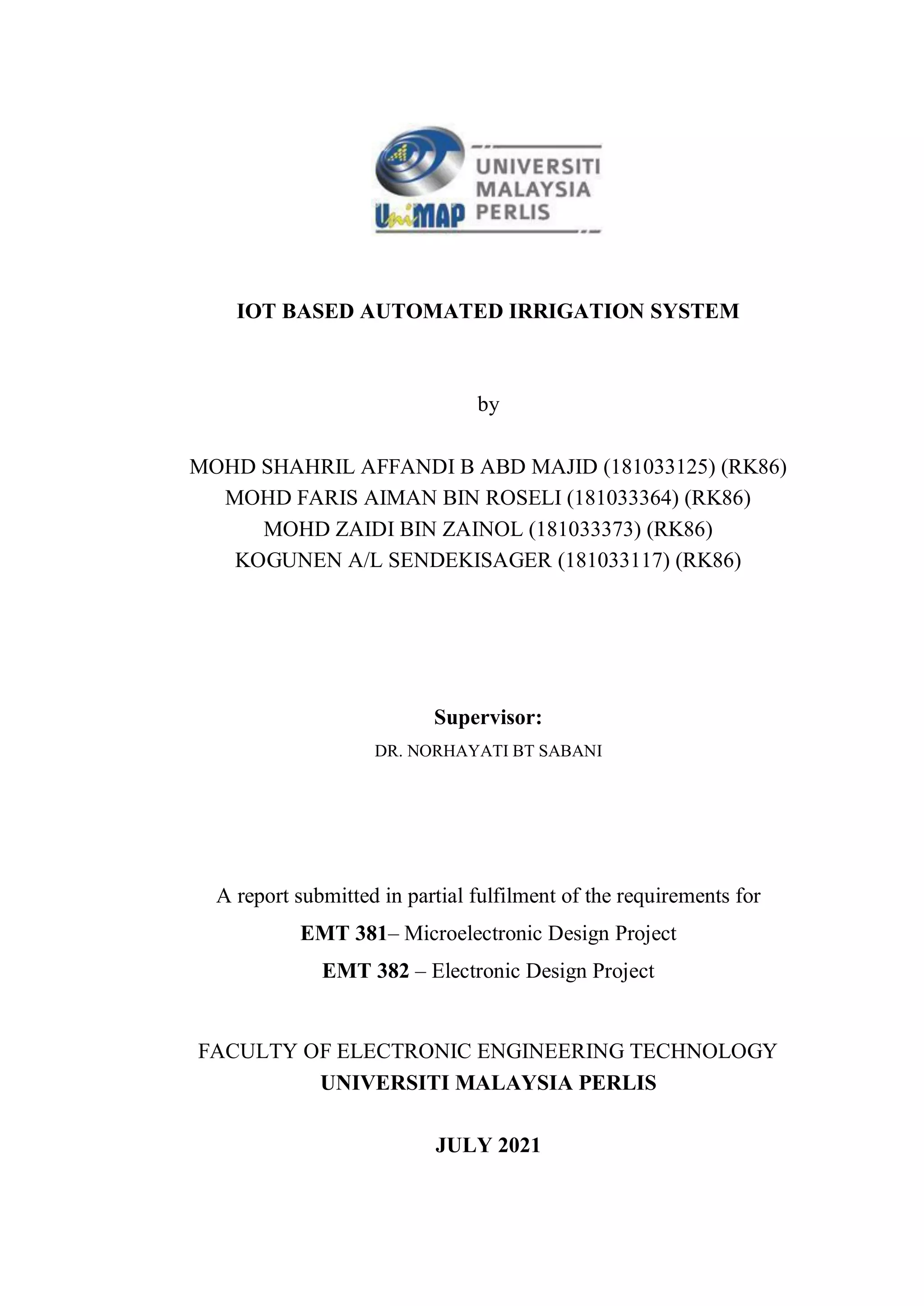 FINAL PROJECT REPORT IOT BASED AUTOMATED IRRIGATION SYSTEM | PDF