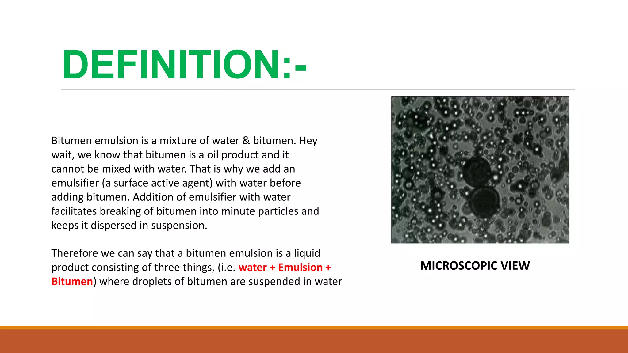 bitumen emulsion in bitumen pavement | PPTX