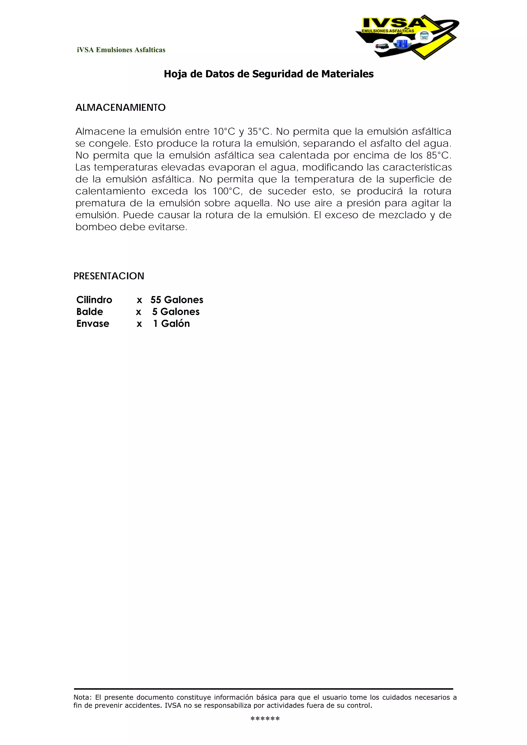 Emulsion asfaltica-ficha-tecnica-ivsa | PDF