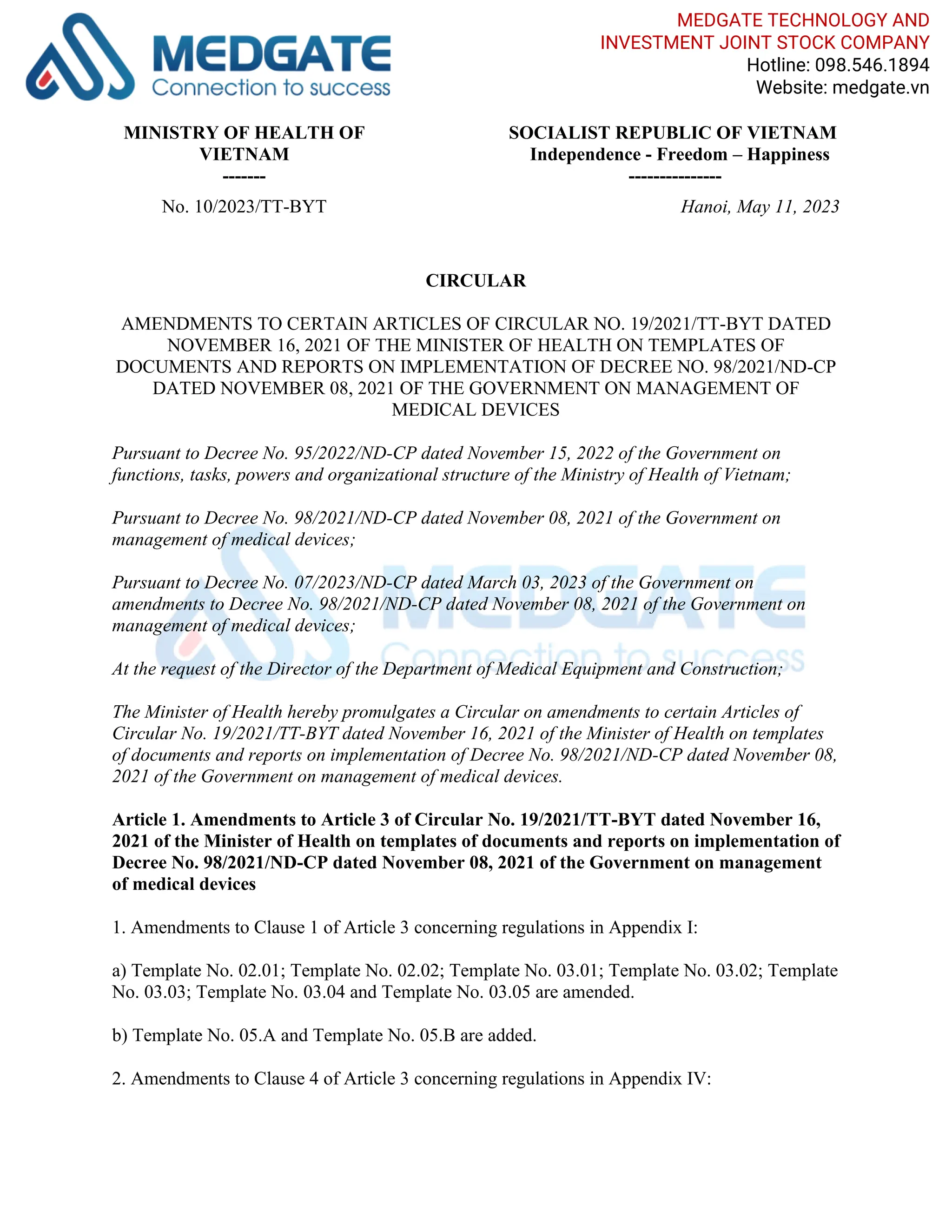 Circular 10/2023/TT-BYT: AMENDMENTS TO CERTAIN ARTICLES OF CIRCULAR NO ...