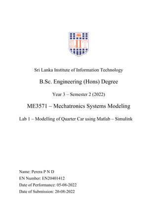 Mechatronics System Modeling Lab 1 - Modelling of Quarter Car using ...