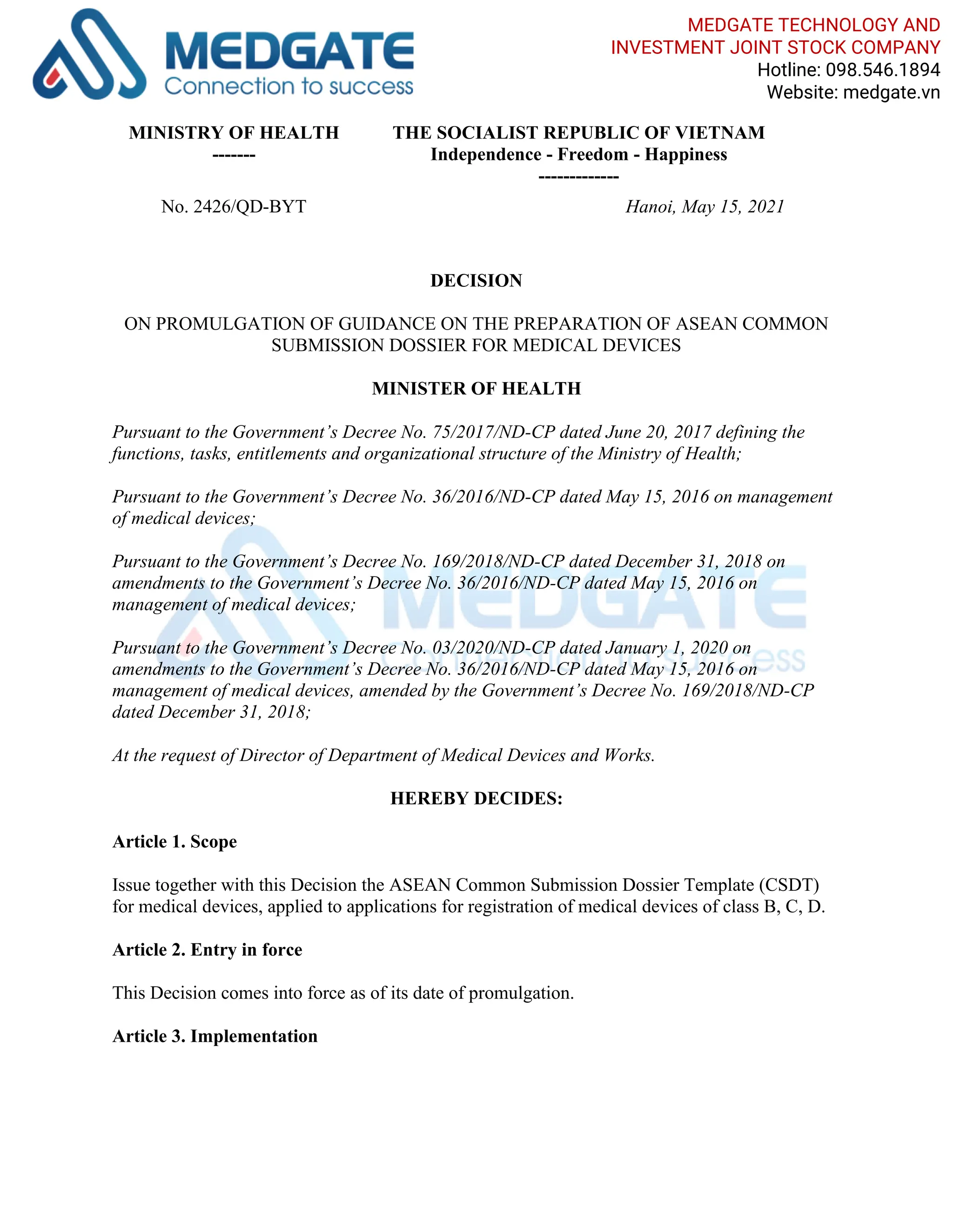 Decision No. 2426/QD-BYT: ON PROMULGATION OF GUIDANCE ON THE ...