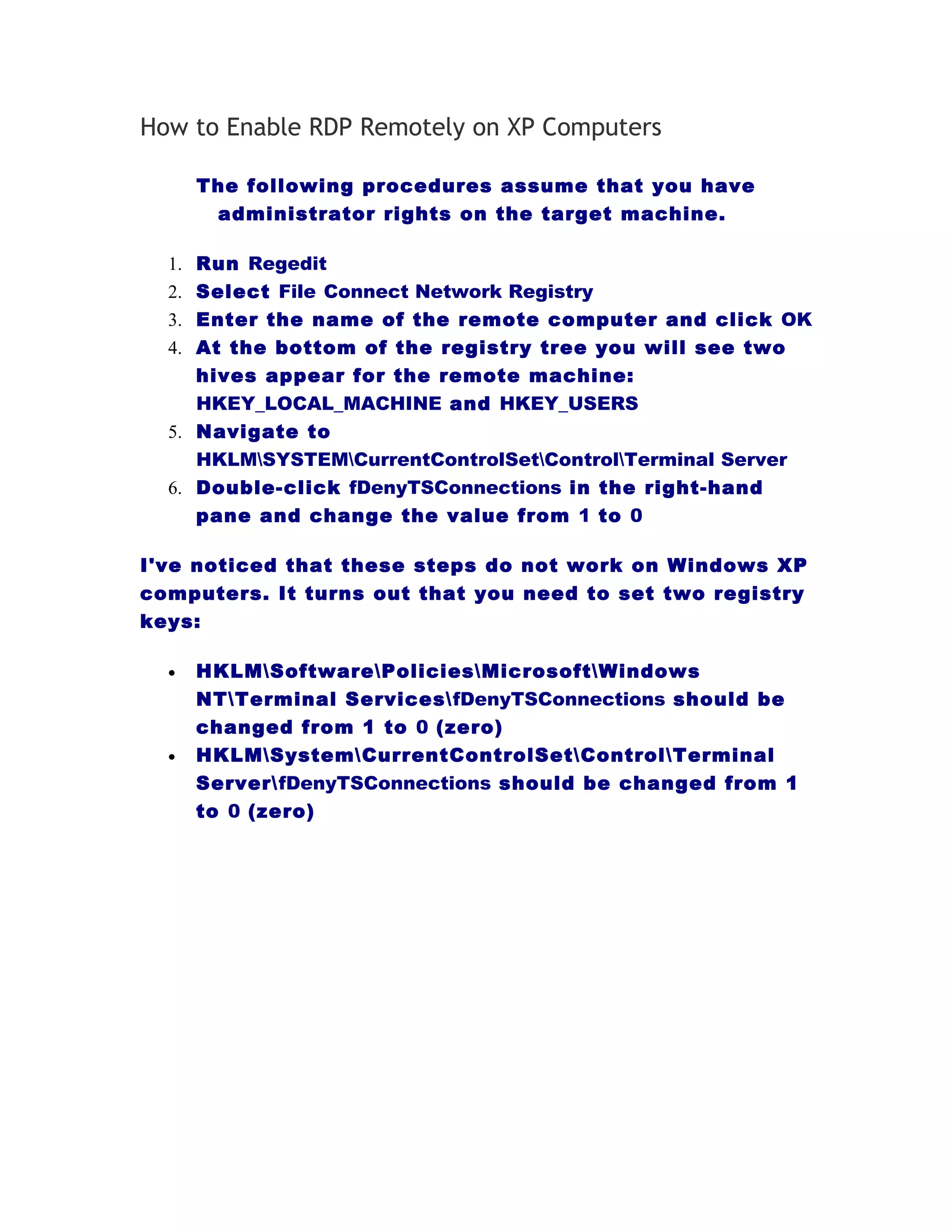 Enable RDP Remotely On Xp | DOC Enable RDP Remotely On Xp | DOC