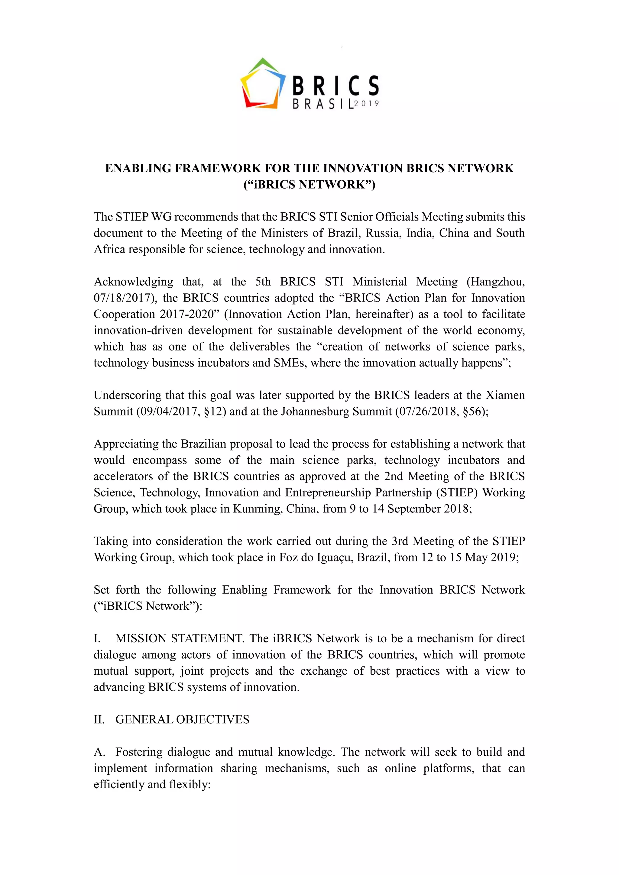 BRICS Enabling Framework for the Innovation-BRICS-Network iBRICS Network 2019 | PDF